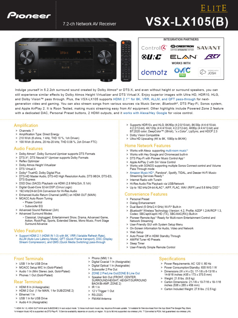 Specification Sheet VSXLX105-spec - Sheet | PDF | Hdmi | Digital Technology
