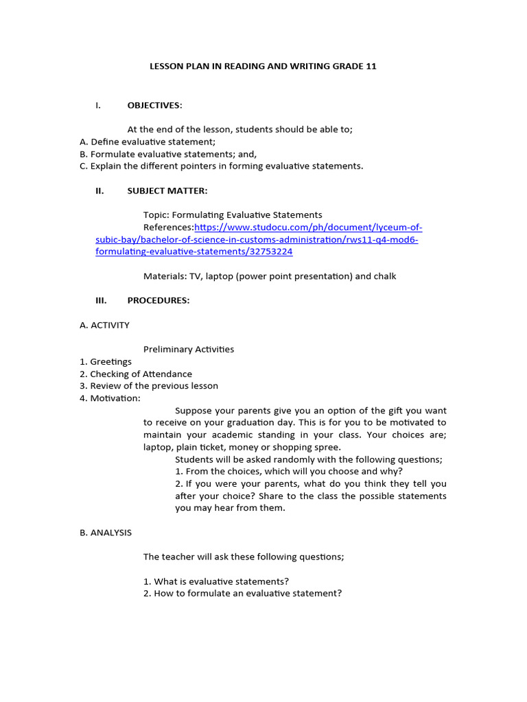 Grade 11 Lesson Plan: Evaluative Statements | PDF | Lesson Plan | Teachers