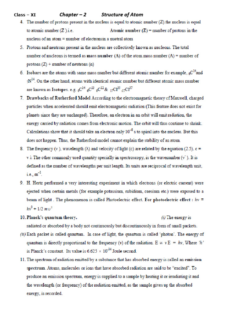 11 Chem 2 Structure of Atom Notes | PDF | Electromagnetic Radiation ...