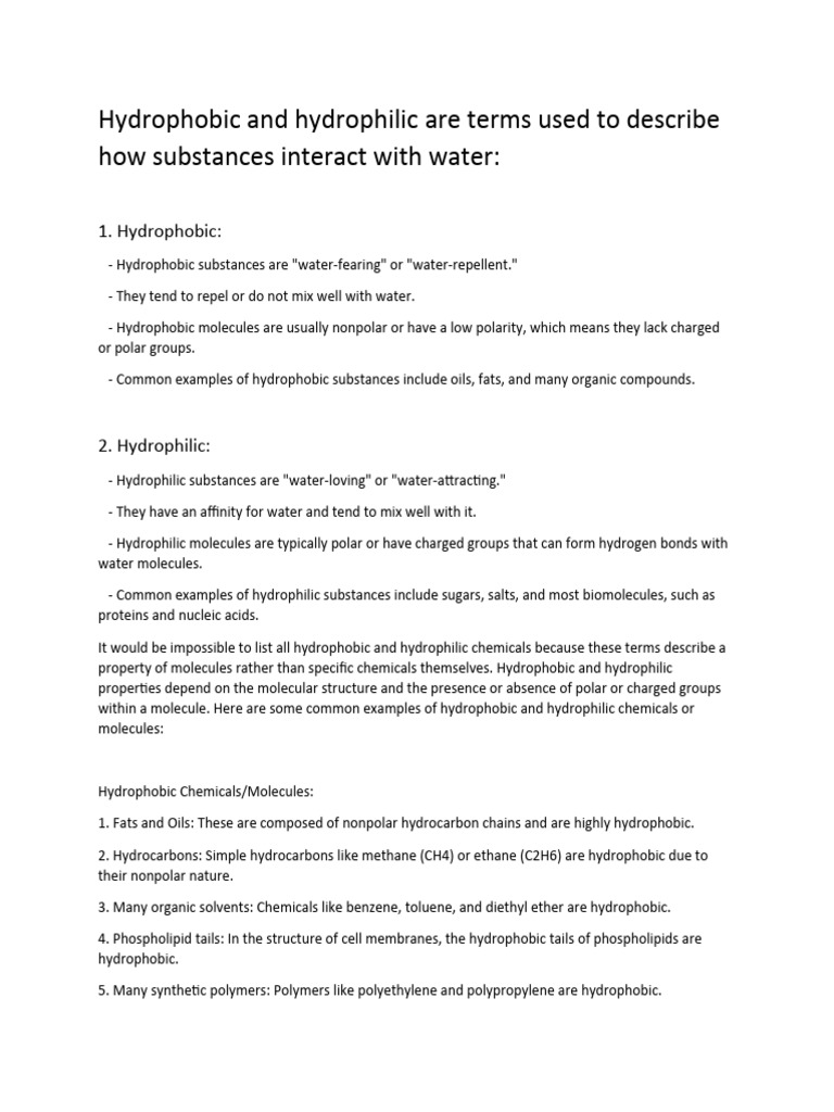 Hydrophobic and Hydrophilic | PDF