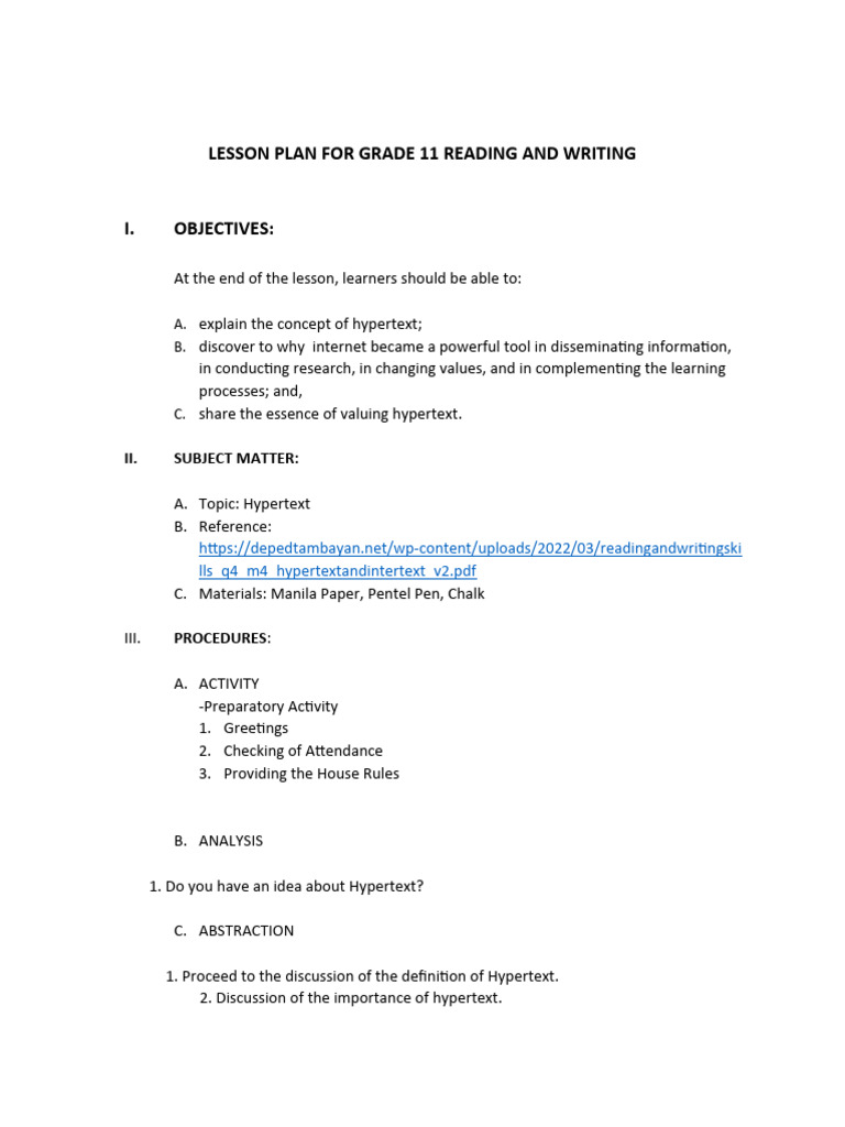 Lesson Plan For Grade 11 Reading and Writing | PDF | Information ...