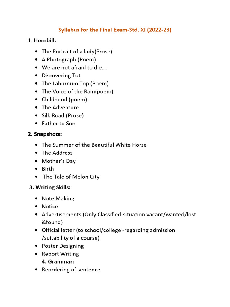 Final Exam Syllabus STD XI (2022 23) | PDF