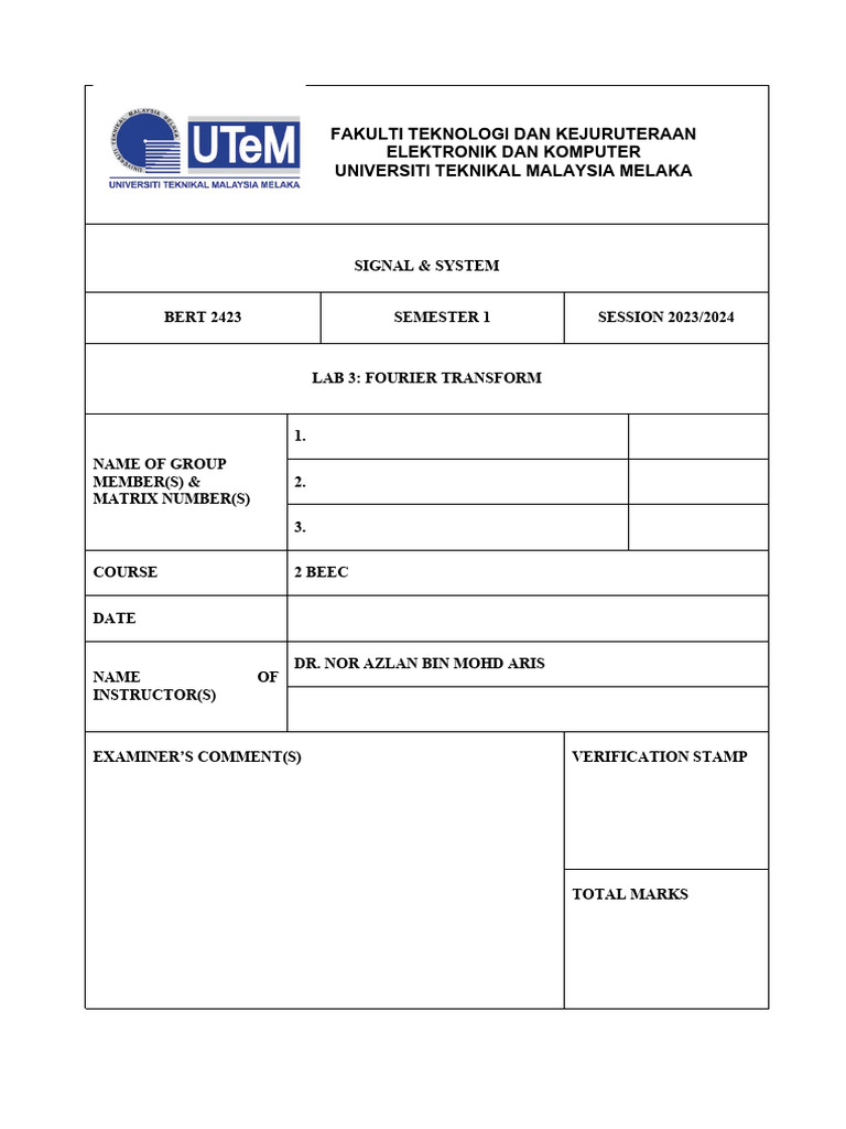 Lab 3 Fourier Transform 2023 24 Pdf