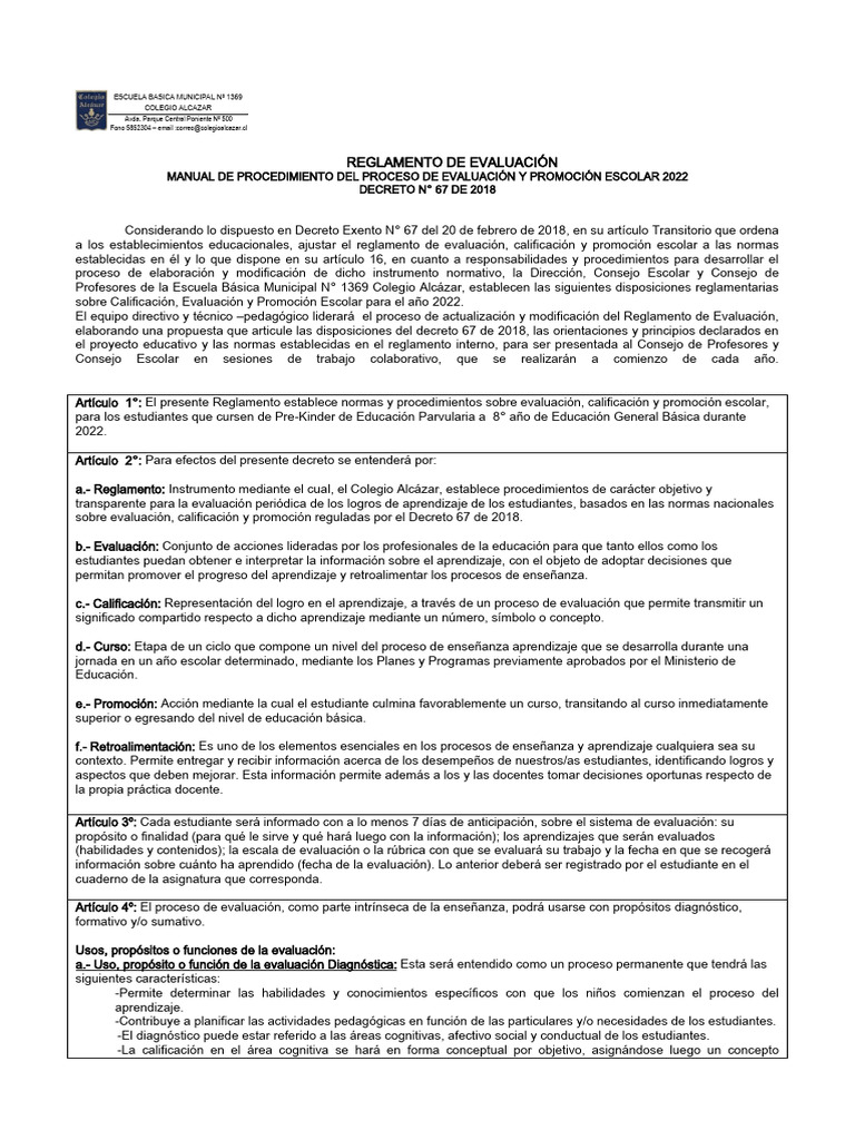 REGLAMENTO DE EVALUACIÓN 2022 Actualizado | PDF | Evaluación | Maestros