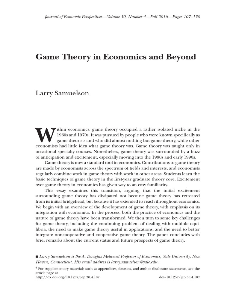 Samuelson 2016 Game Theory in Economics and Beyond | PDF | General ...