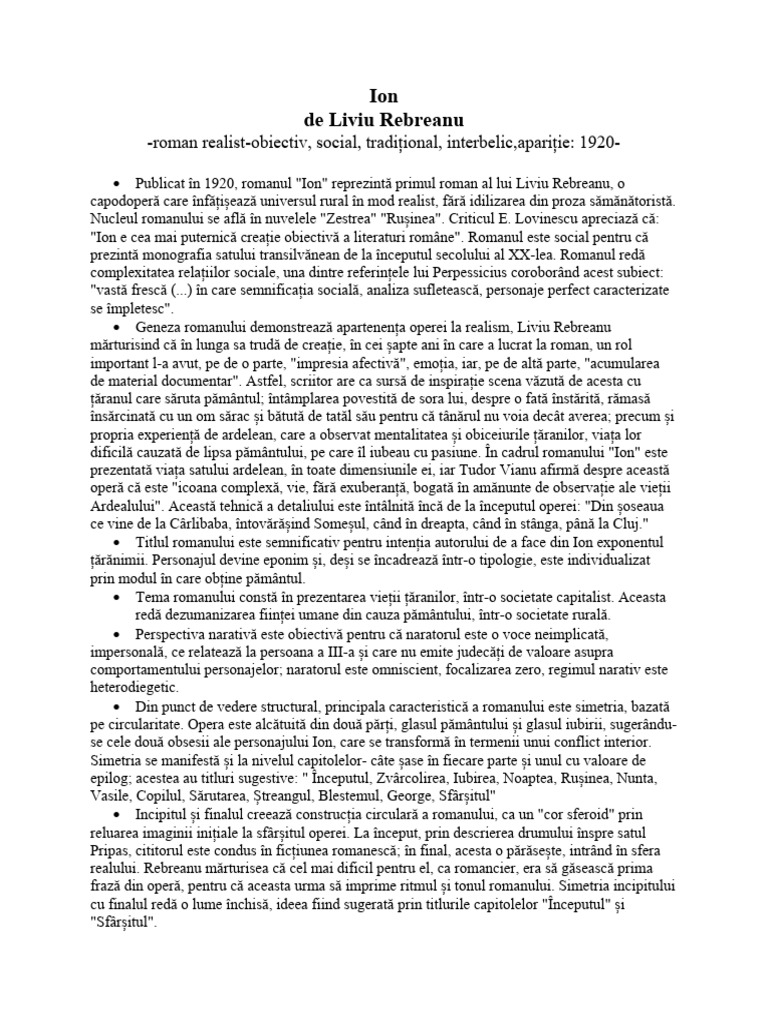 Ion de Liviu Rebreanu: - Roman Realist-Obiectiv, Social, Tradițional ...