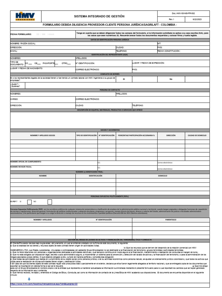Hmv 00 Mg Fr 002 Formulario Debida Diligencia Proveedor_extranjera | PDF
