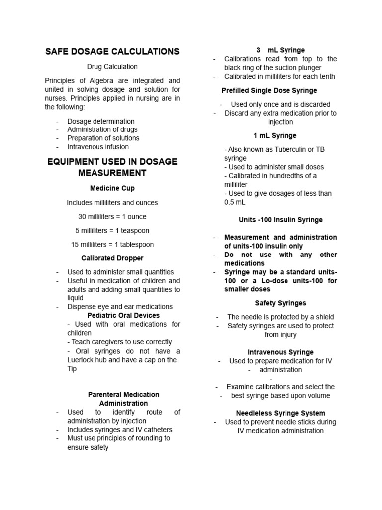 SAFE DOSAGE CALCULATIONS | PDF | Syringe | Chemistry