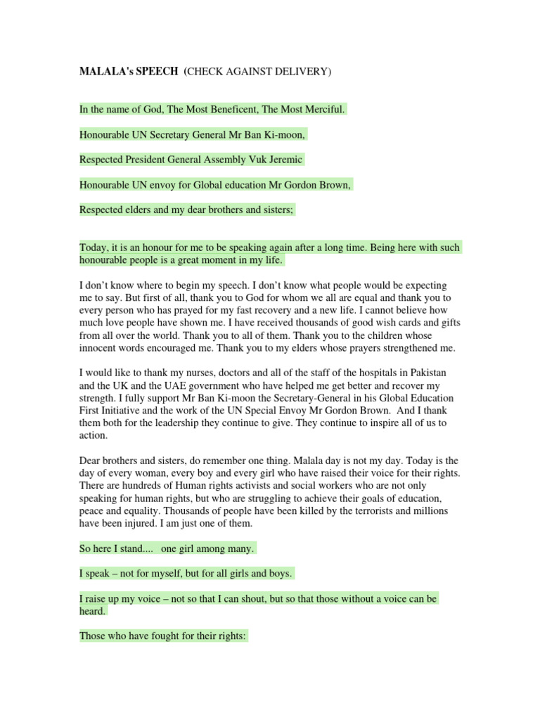 Malala's UN Speech for Education Rights | PDF | Malala Yousafzai