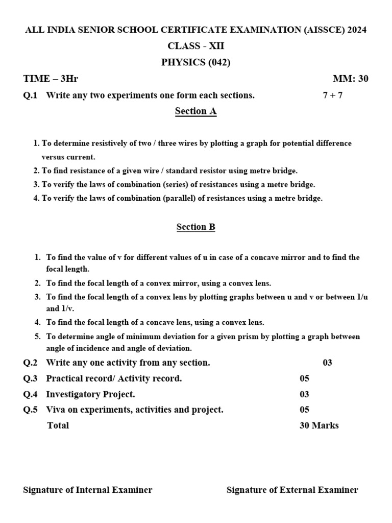 AISSCE 2024 Class XII Physics Exam Guide | PDF | Teaching Methods & Materials | Technology ...