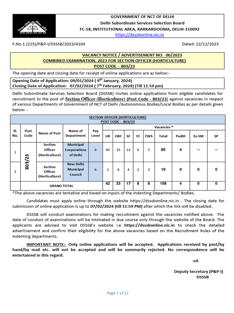 DSSSB Section Officer Horticulture 2023 | PDF
