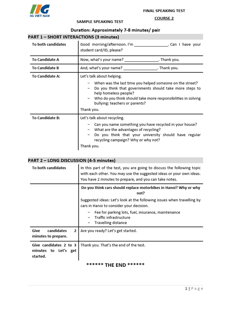 Sample Speaking Test-Course2 | PDF | Career & Growth