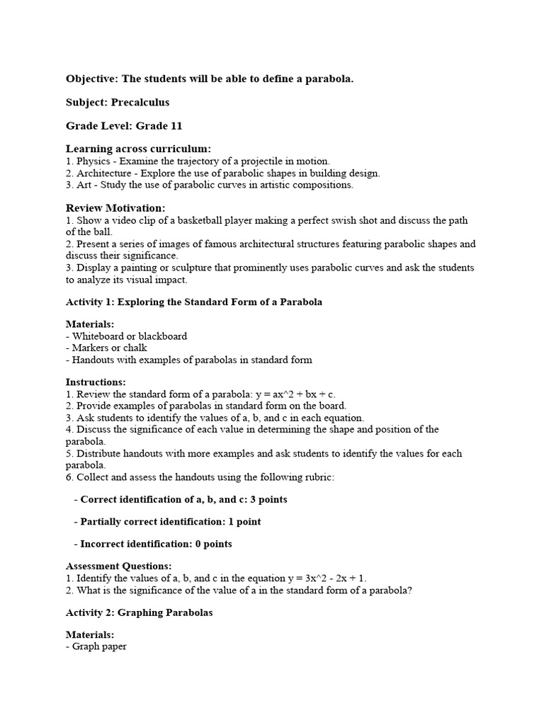 Understanding Parabolas in Precalculus | PDF | Teaching Methods & Materials