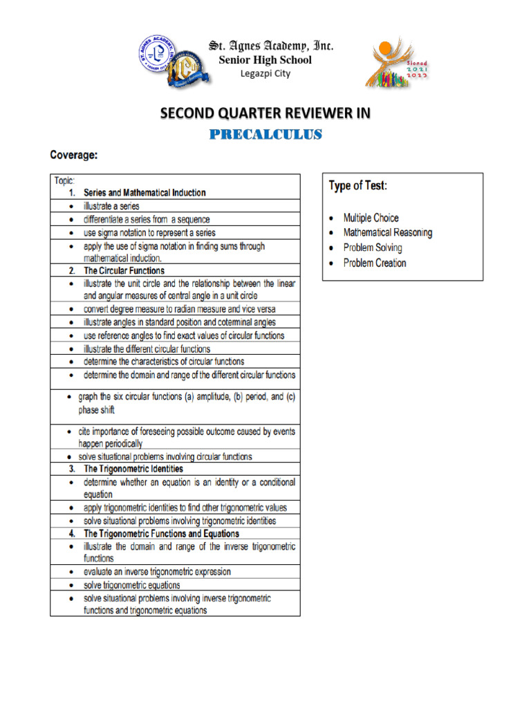 Grade 11 Pre-Calculus 2nd Quarter Reviewer | PDF