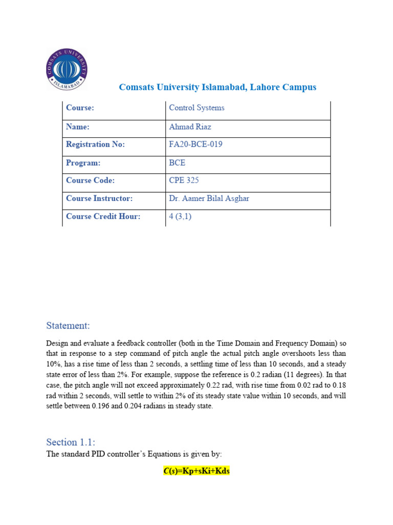 Control Systems Theory Cep Problem With Solution | PDF