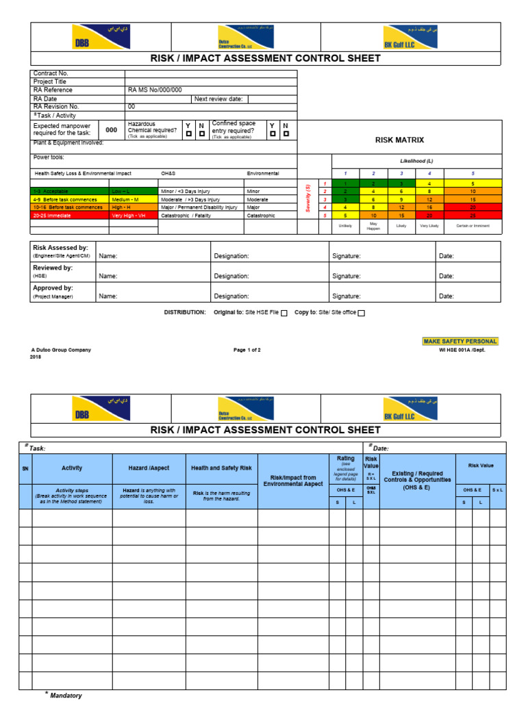 HSE Risk Assessment Control Sheet | PDF