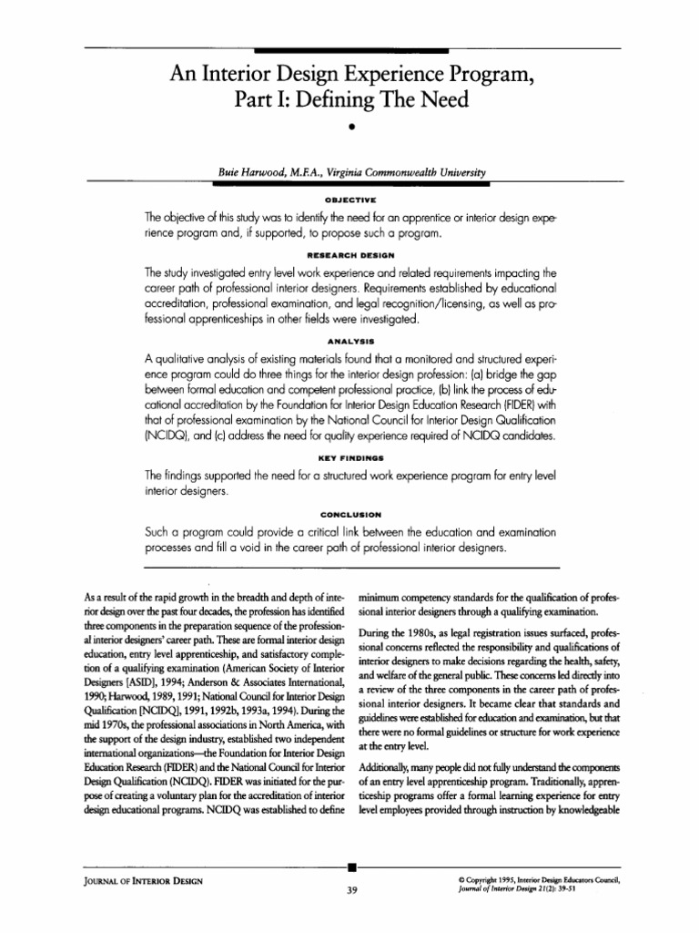 An Interior Design Experience Program, Defining The Need: Buie Harwood ...