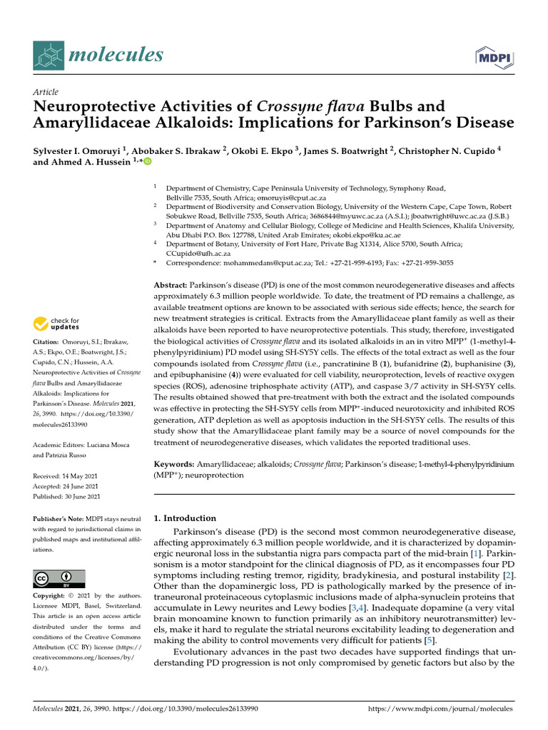 Neuroprotective Activities of Crossyne Flava Bulbs | PDF | Parkinson's ...