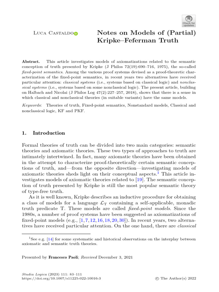 Castaldo - Notes On Models of (Partial) Kripke-Feferman Truth | PDF ...