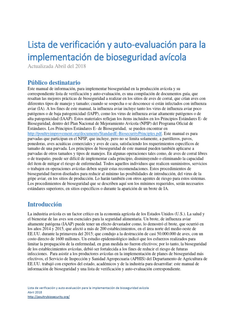 Poultry Biosecurity Checklist - ES | PDF | Influenza aviar | Influenza
