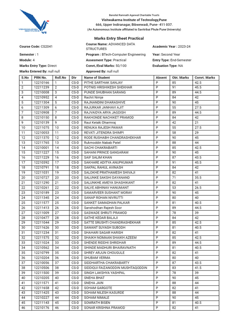 Sy-D Ads Lab Exam Marks | PDF