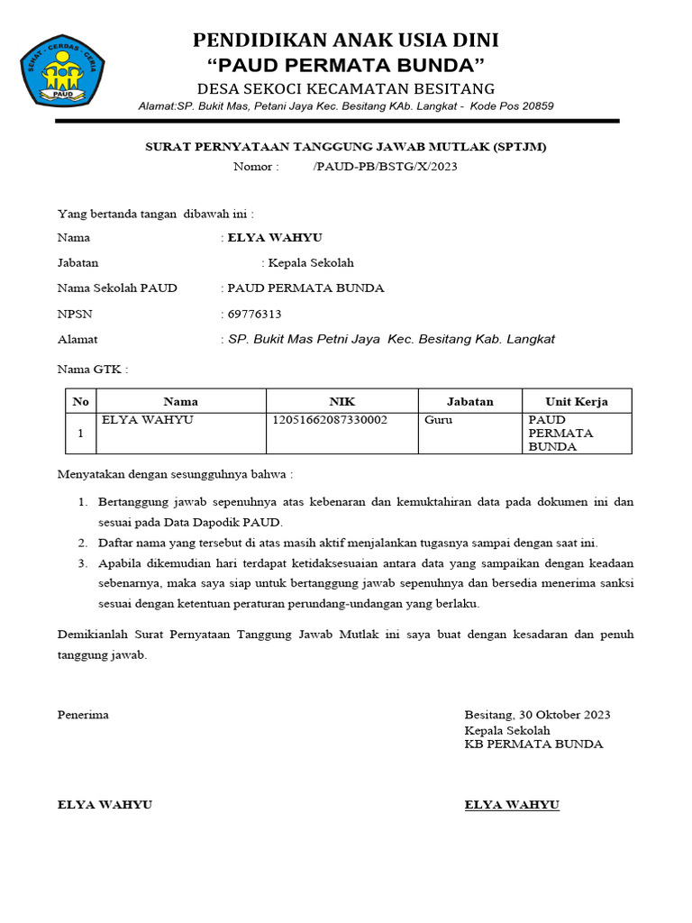 SPTJM Kepala Sekolah Permata Bunda | PDF