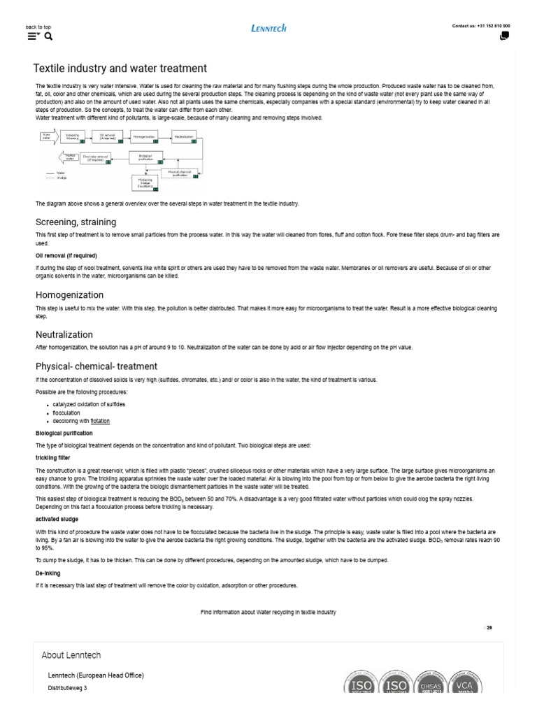 Textile Industry and Water Treatment - Lenntech | PDF