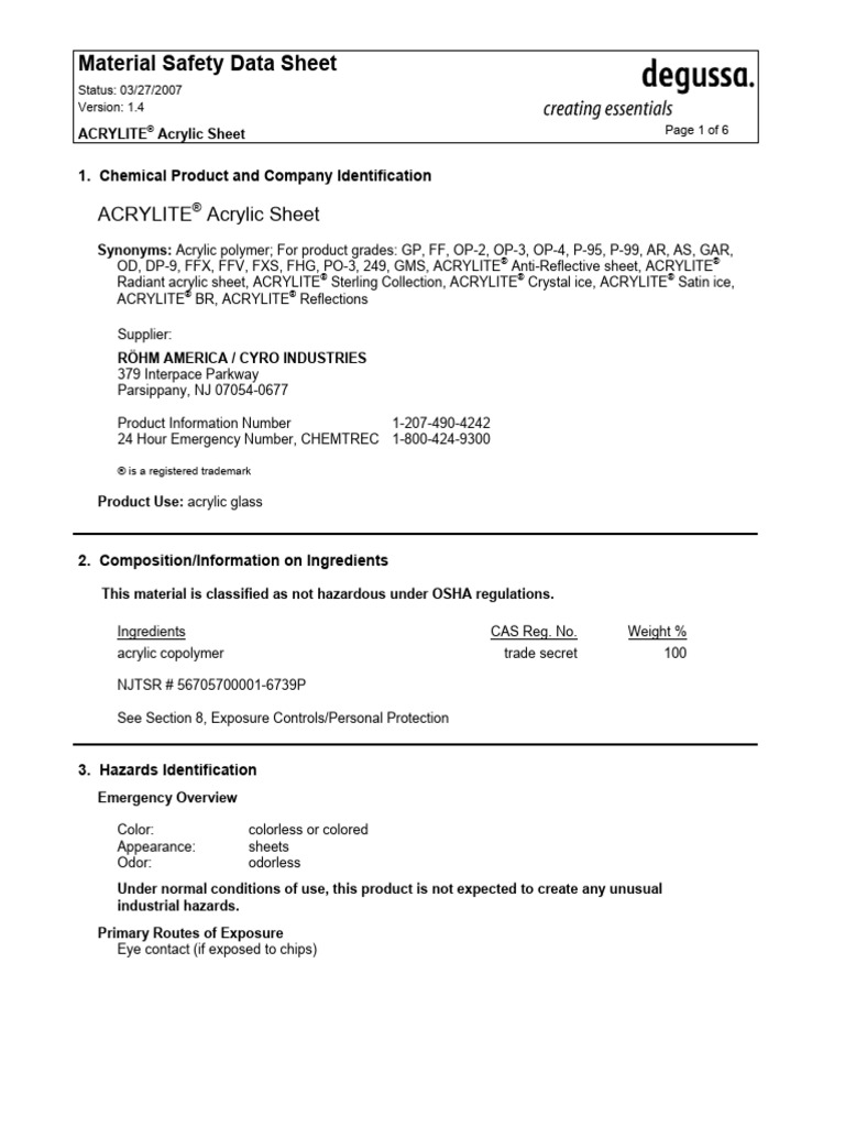 MSDS Acrylite Acrylic Sheet | PDF | Personal Protective Equipment ...