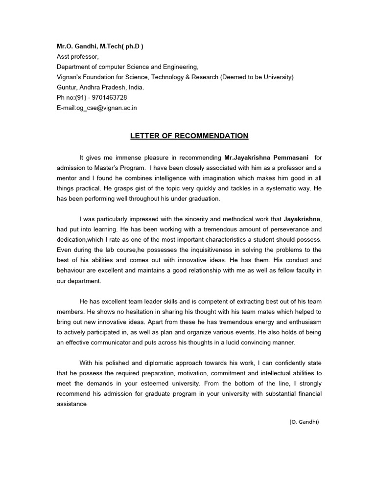 Recommendation for Jayakrishna Pemmasani | PDF