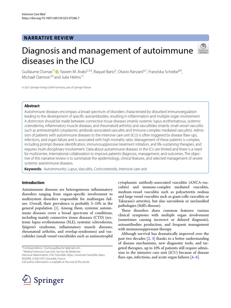 Diagnosis and Management of Autoimmune Diseases in The ICU: Narrative ...