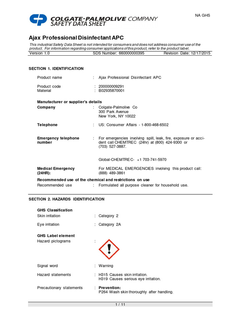 Ajax Disinfectant APC Safety Data | PDF | Toxicity | Ethanol