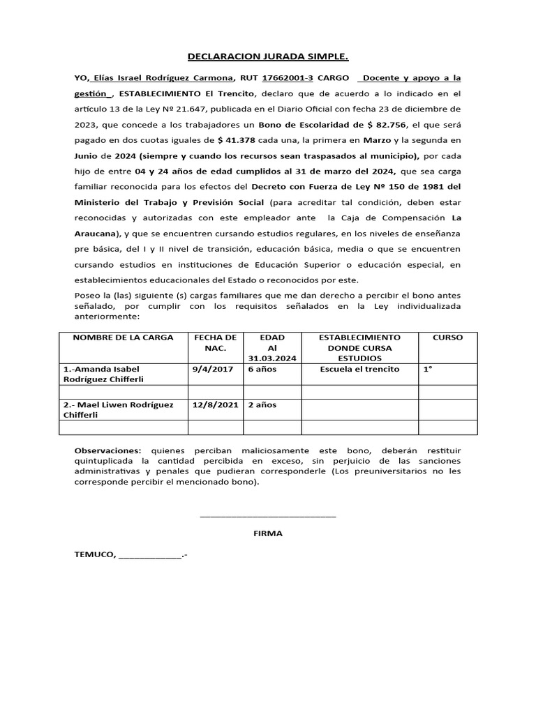 Declaracion Jurada Bono Escolaridad 2024 Elias Rodriguez | PDF ...