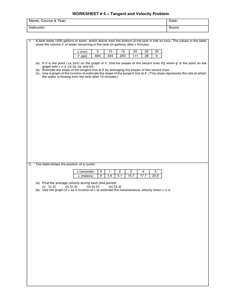 WORKSHEET # 5 - Tangent and Velocity Problem | PDF