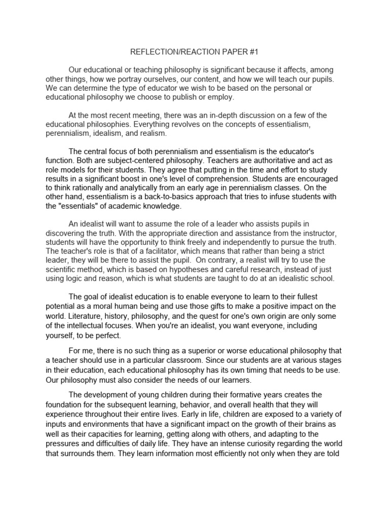Reflection Reaction Paper Final Pdf Philosophy Of Education Learning