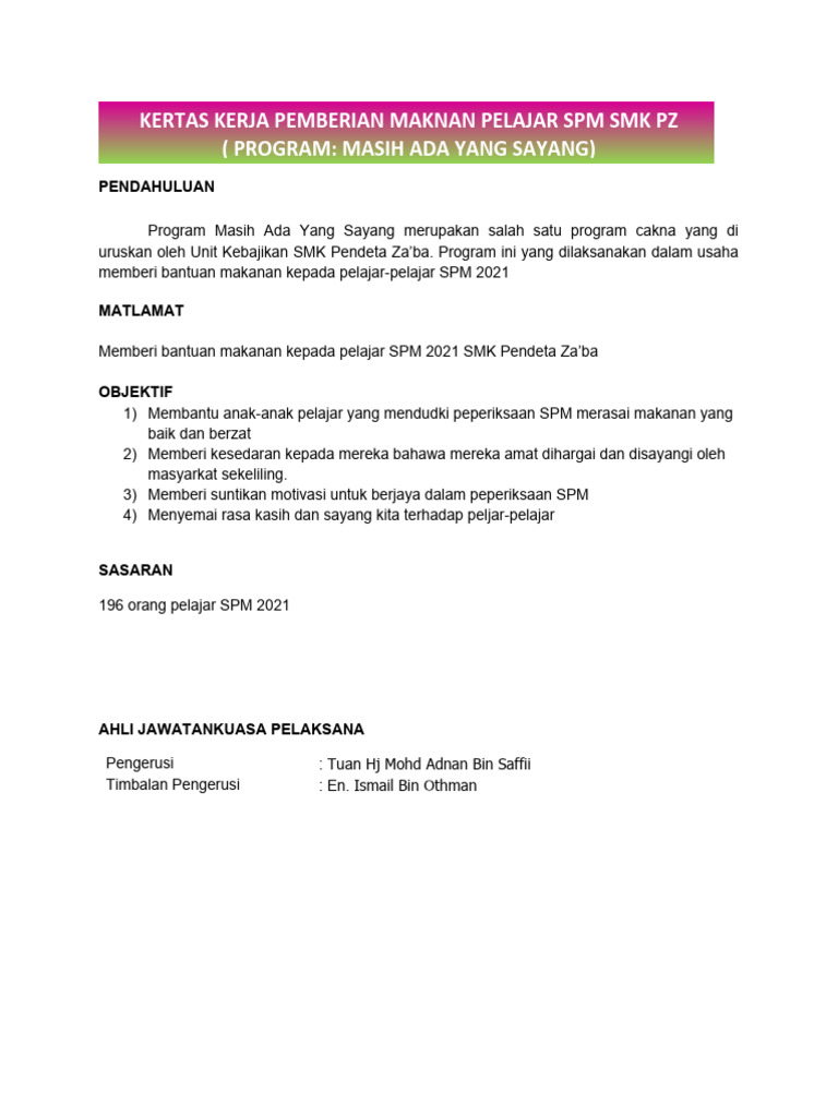 Kertas Kerja Bantuan Makanan SPM 21 | PDF