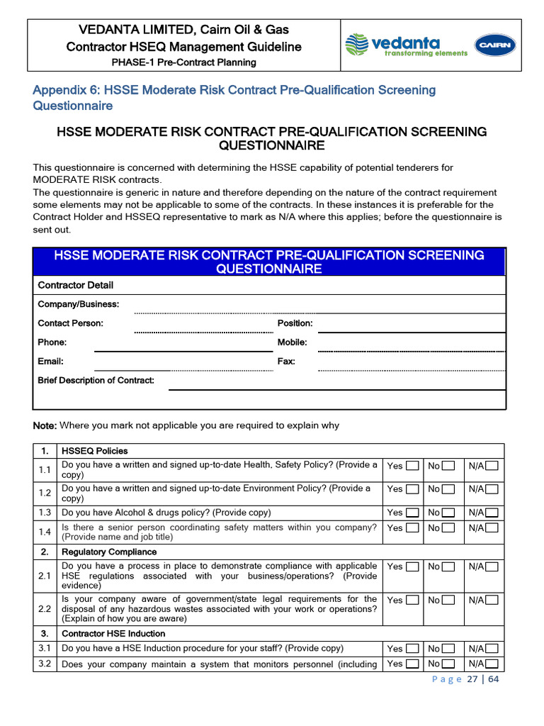 HSE - Questionaire - Medium Risk | PDF | Risk | Safety