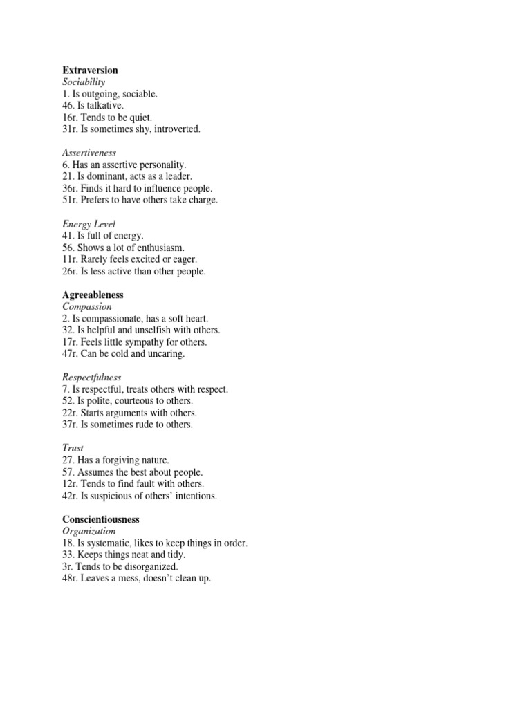 Bfi2 Item List | PDF | Extraversion And Introversion | Cognitive Science