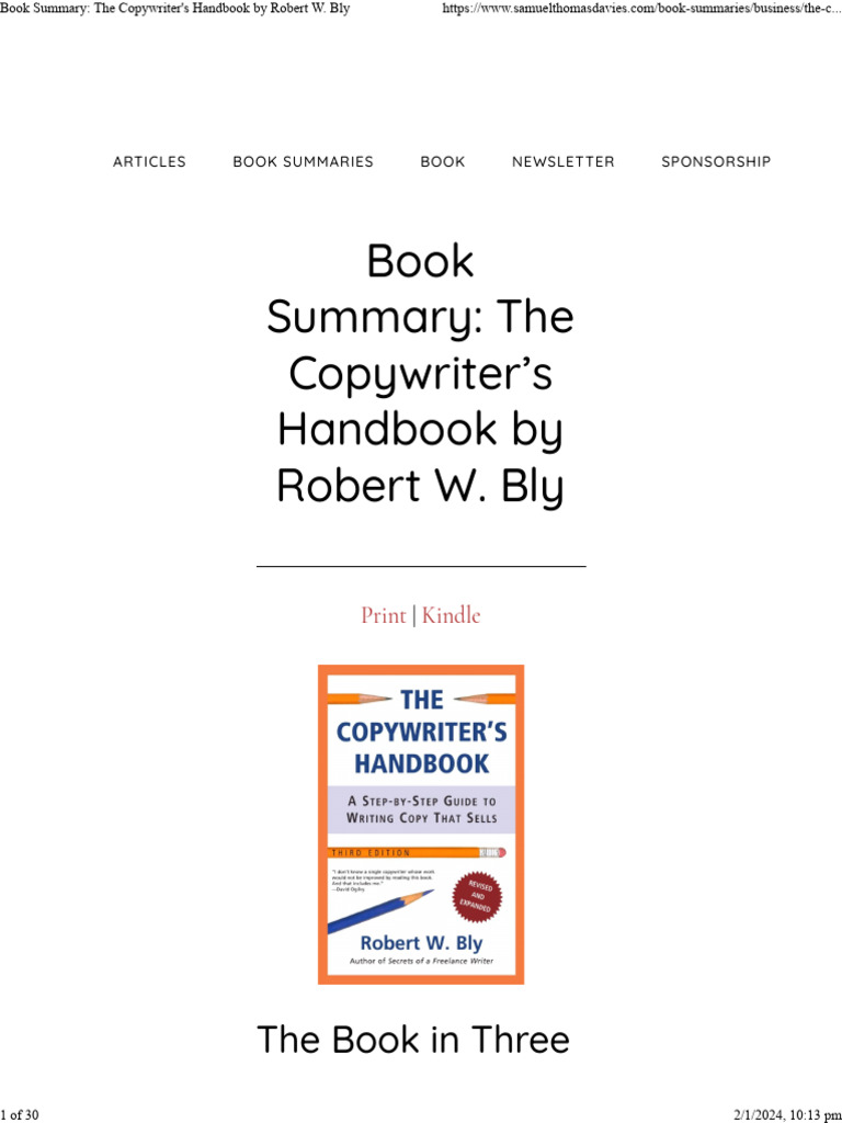 Book Summary The Copywriter's Handbook by Robert W. Bly | PDF ...
