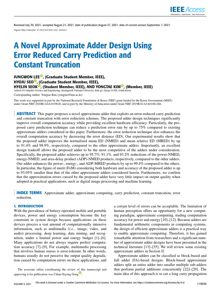 A Novel Approximate Adder Design Using Error Reduced Carry Prediction and Constant Truncation ...