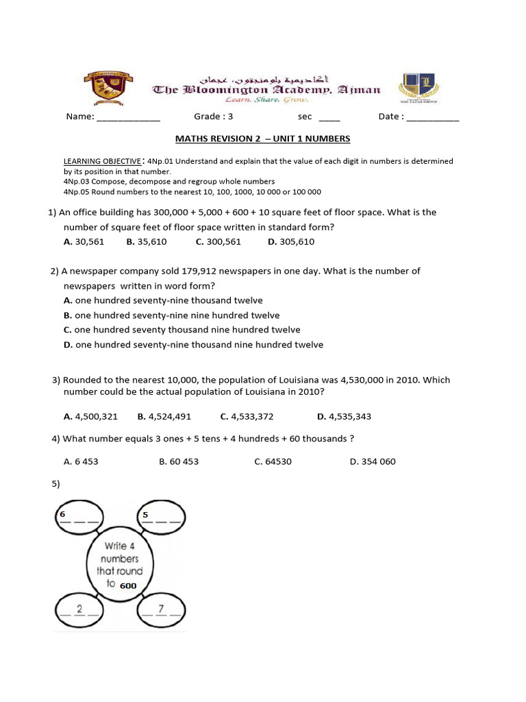 Maths Unit 1 Revision 2-1 | PDF