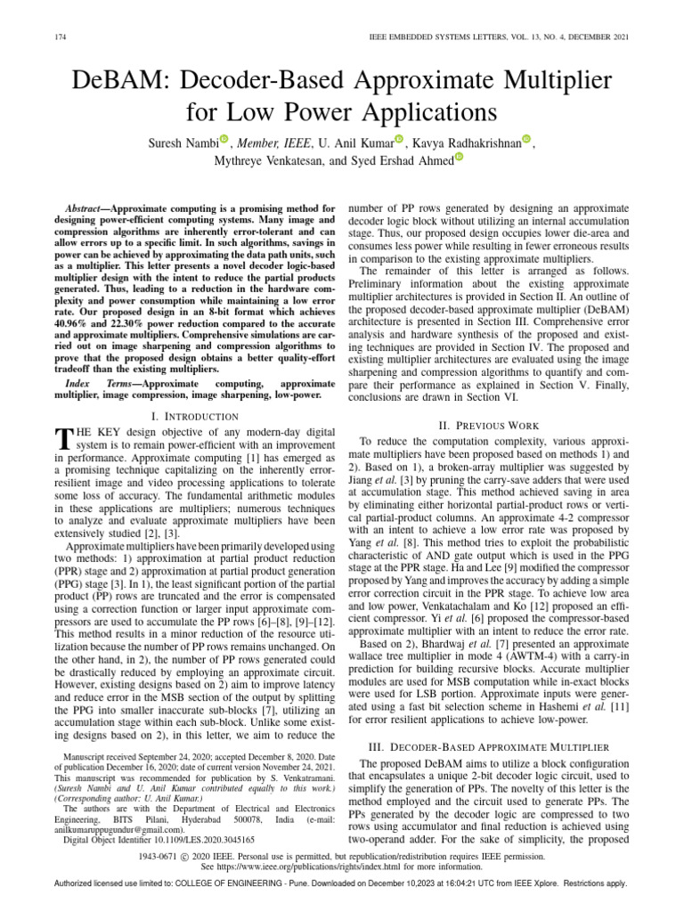 DeBAM Decoder-Based Approximate Multiplier For Low Power Applications | PDF