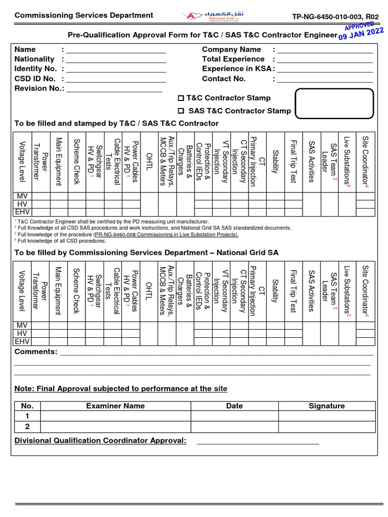 TP-NG-6450-010-003 Pre-Qualification Approval Form For T&C SAS - T&C Contractor Engineer Rev02 ...