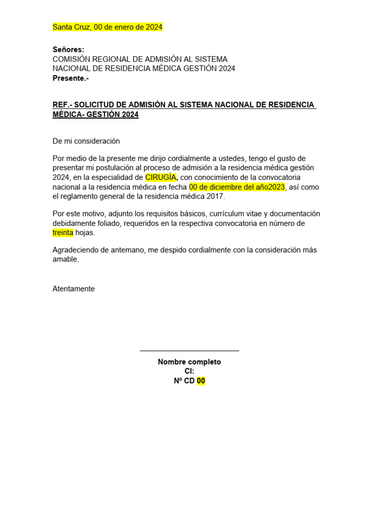 Carta Solicitud Residencia Médica | PDF | Ciencias sociales | Derecho