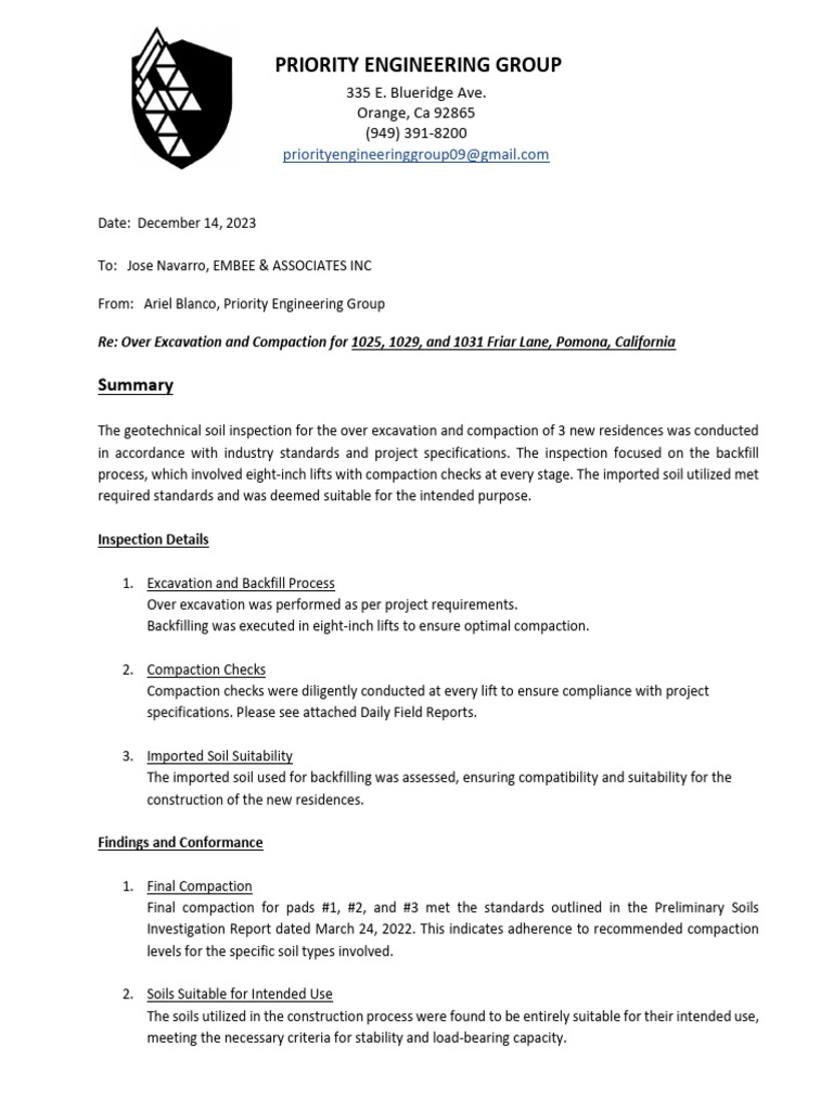 1925 Friar Lane - Compaction Report-REVISED | PDF | Engineering
