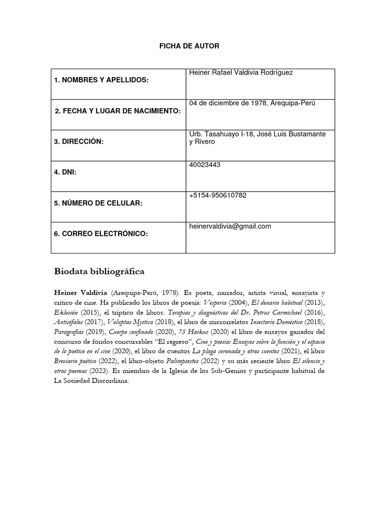 Ficha de Autor - Heiner Valdivia | PDF
