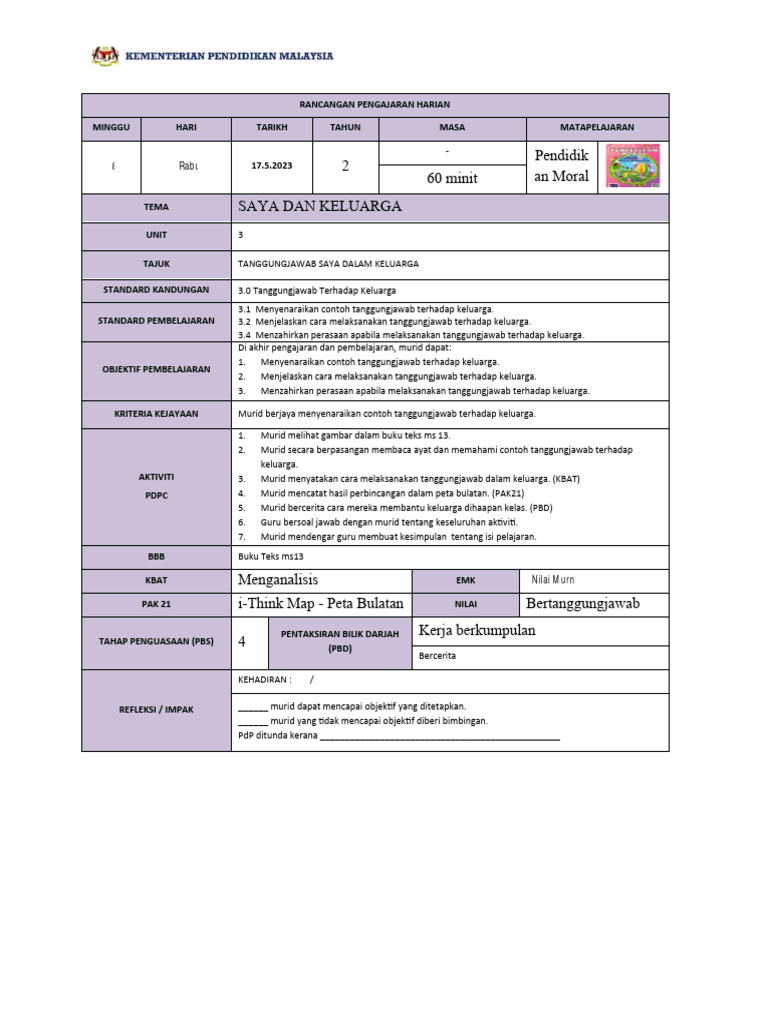 RPH Unit 3 pendidikan moral tahun 2 | PDF