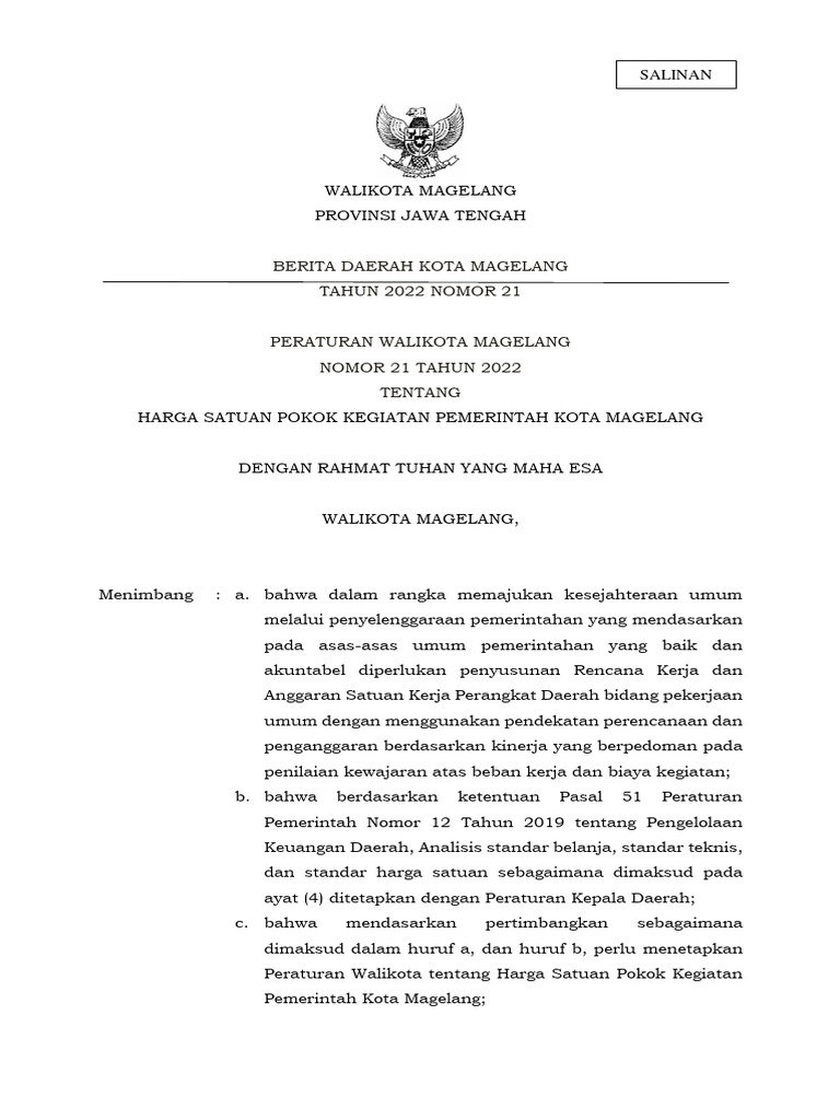 Perwal Kota Magelang 21 2022 HSPK 2022 | PDF