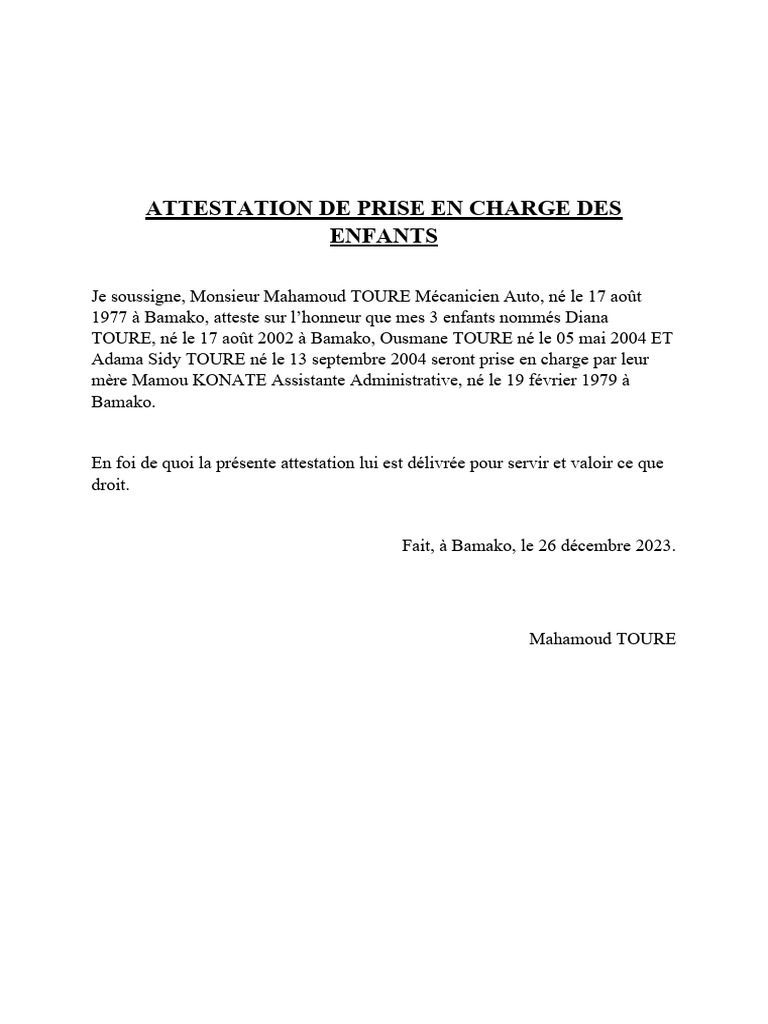 Attestation de Prise en Charge Des Enfants | PDF