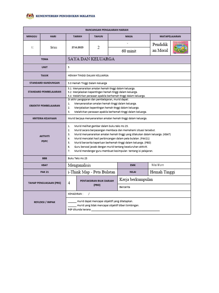 RPH Unit 5 Pendidikan Moral Tahun 2 | PDF