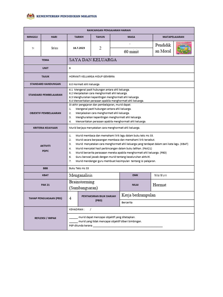 RPH Unit 6 Pendidikan Moral Tahun 2 | PDF